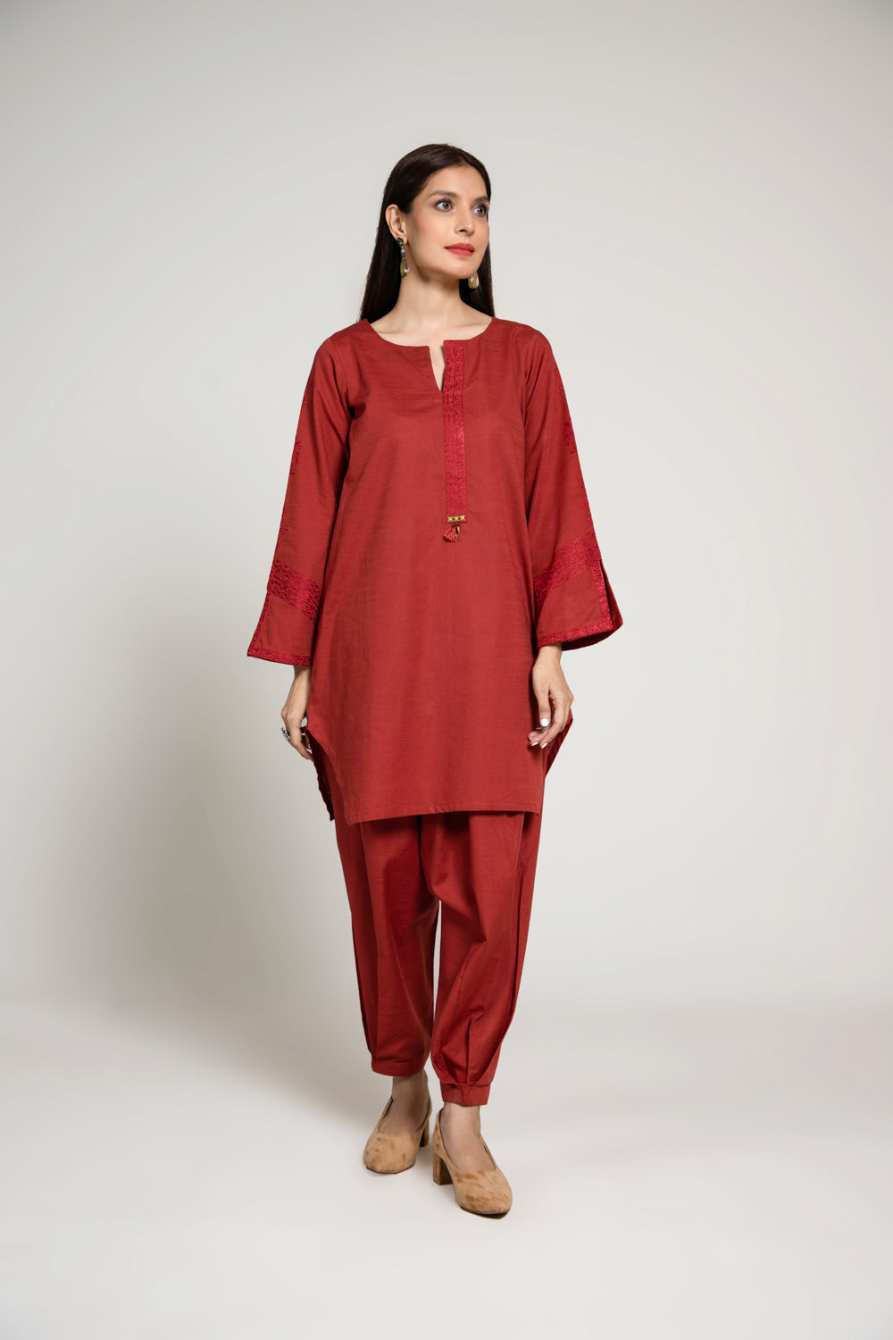 Chinyere Formal - 2 Piece Solid Slub Khaddar Rust Suit | Fall Winter 2024