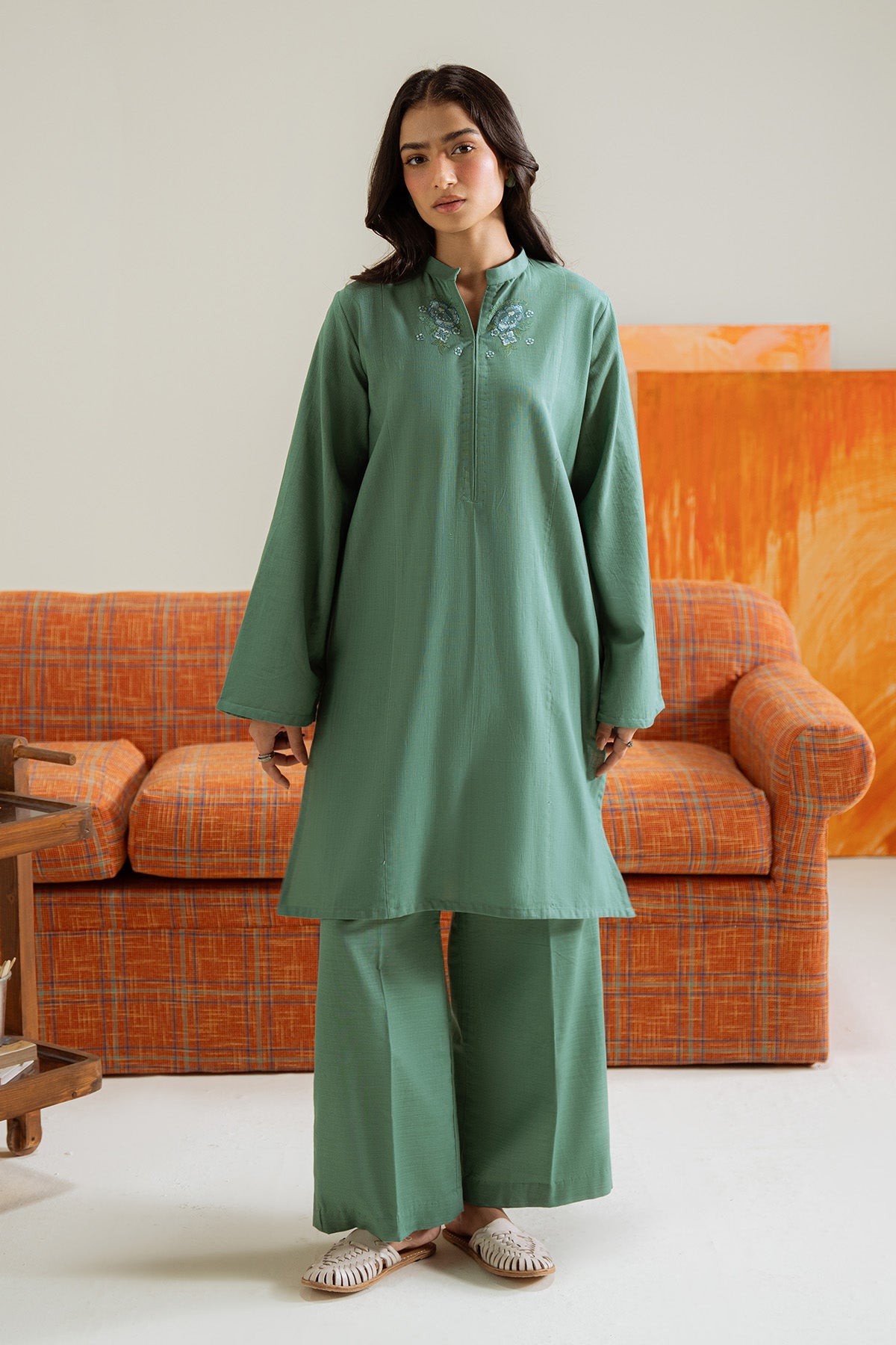 Chinyere Gen Z - 2 Piece Solid Slub Khaddar Jade Suit | Winter 2024