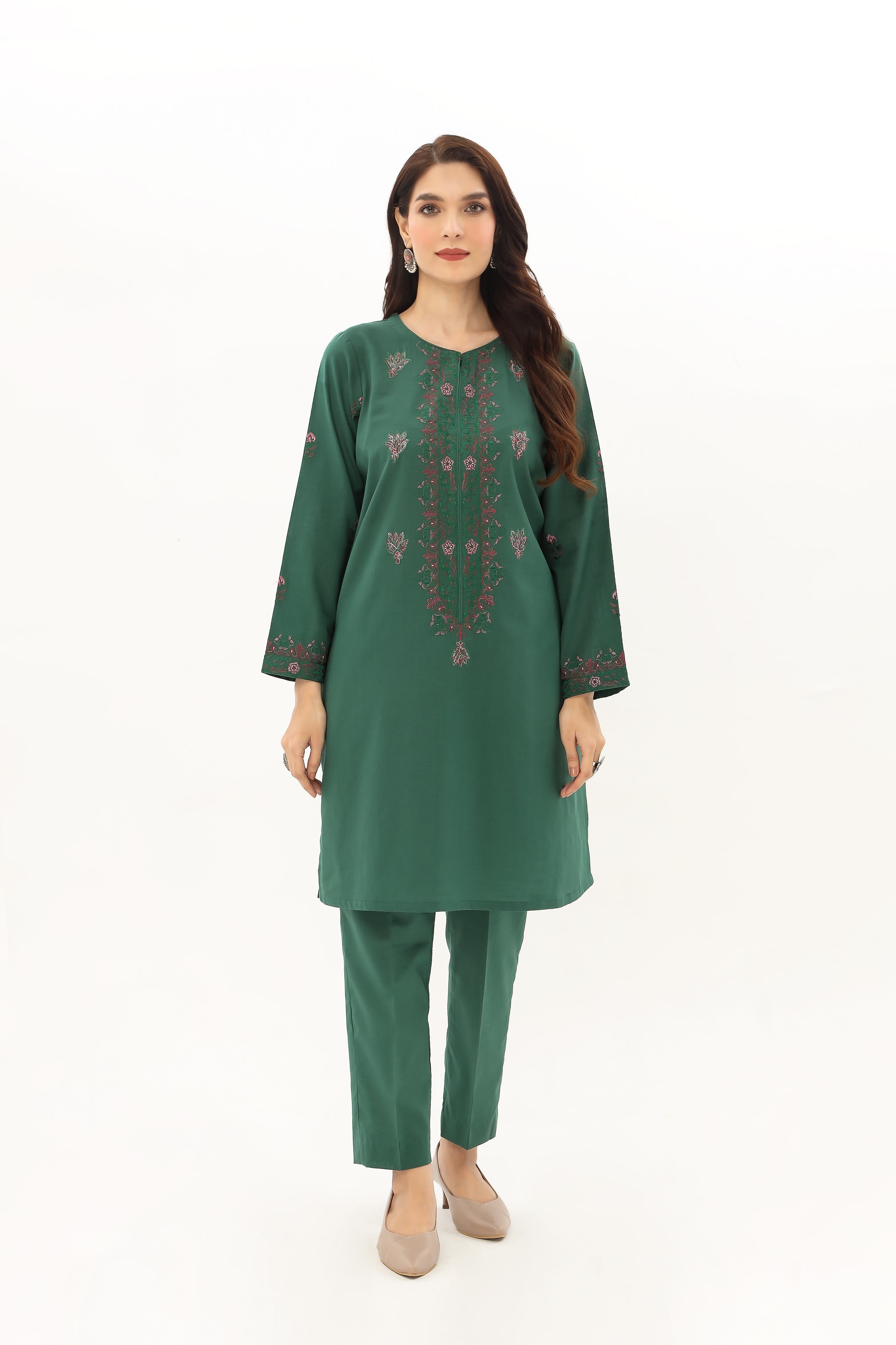 Chinyere Formal - 2 Piece Embroidered Slub Khaddar Jade Suit | Winter 2024