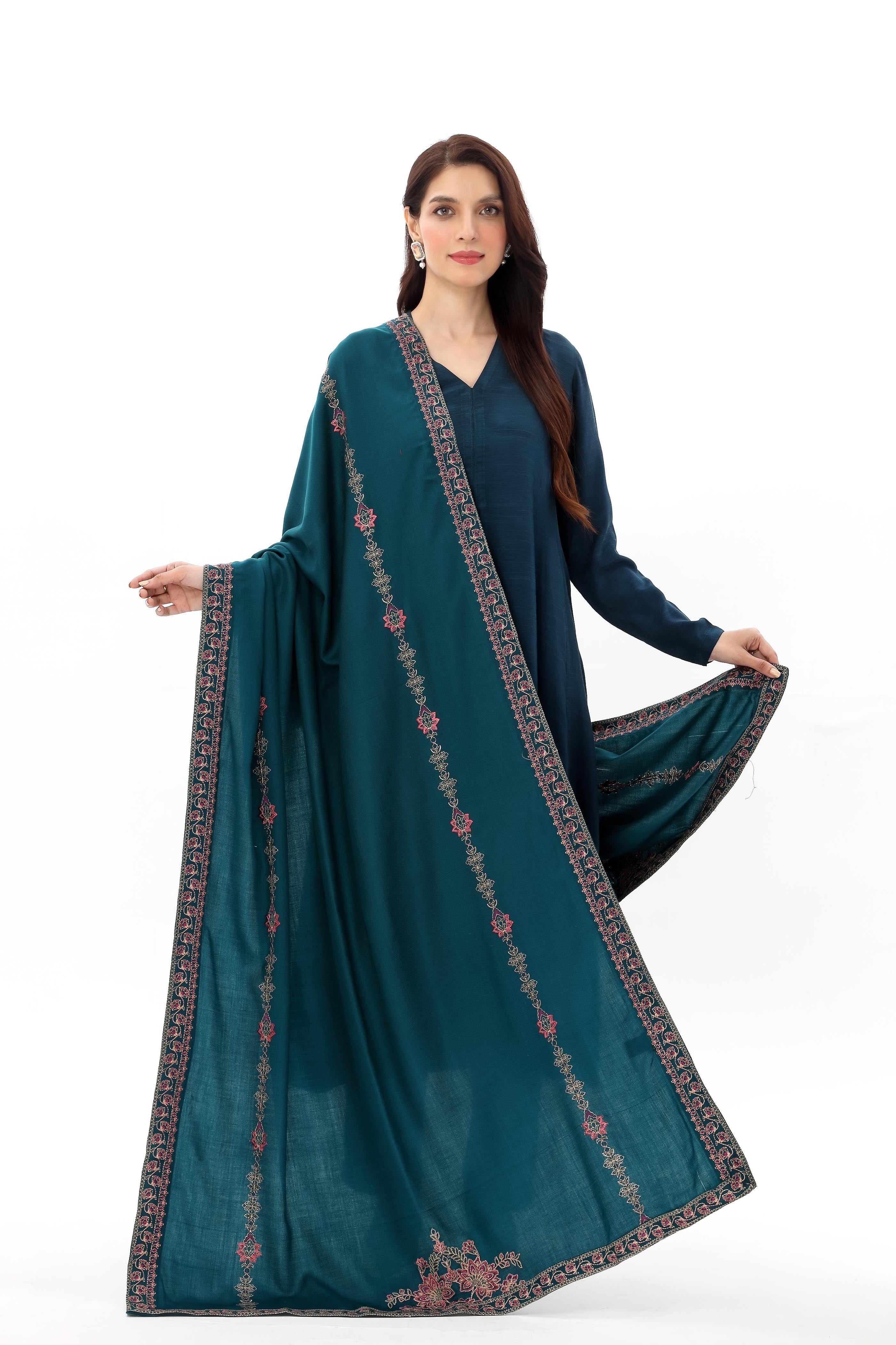Chinyere Casual Shawl - 1 Piece Embroidered Wool Teal Shawl | Winter 2024
