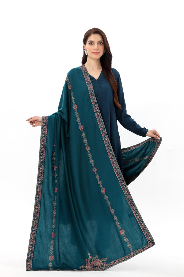 Chinyere Casual Shawl - 1 Piece Embroidered Wool Teal Shawl | Winter 2024