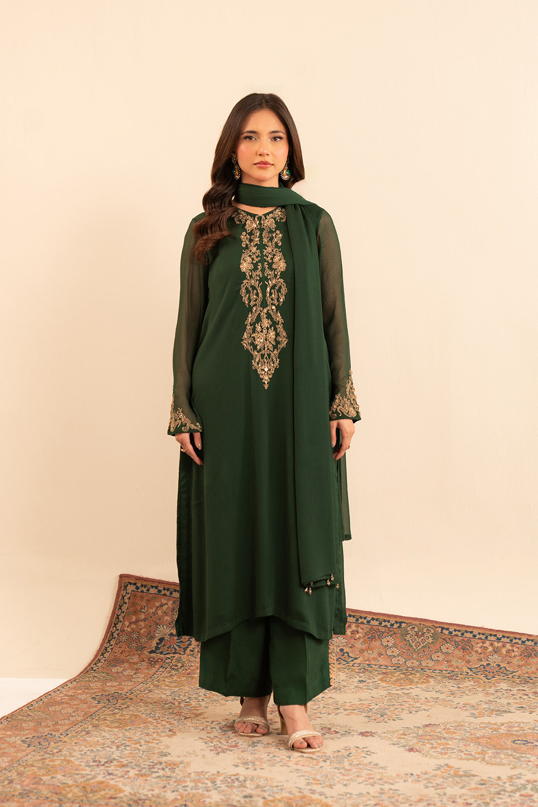 Chinyere Formal Pret - Embroidered Chiffon Bottle Green